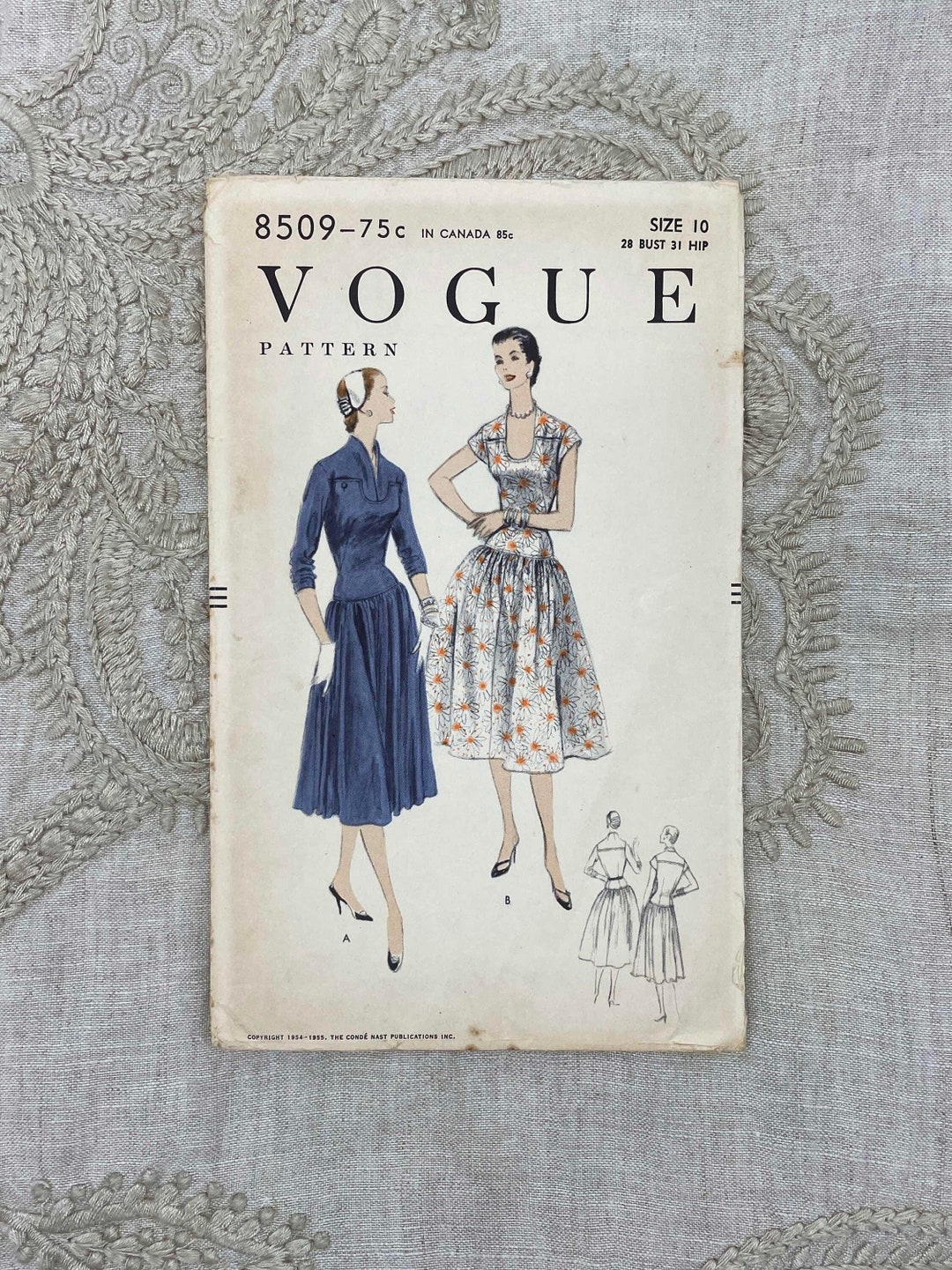 Vogue 8509 1950s Dropped Waist Swan Neck Dress Pattern Size 10 28 Uncut ...