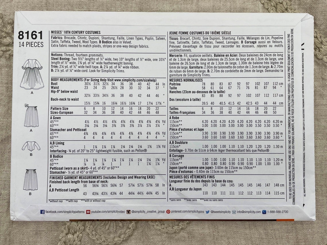 Simplicity 8161 18th Century Cosplay Pattern Size 6-12 or - Etsy