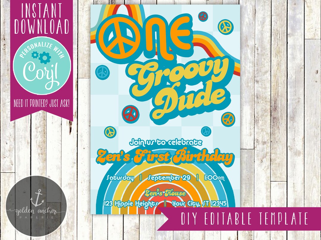 Editable One Groovy Dude Birthday Invitation, First Birthday Party ...
