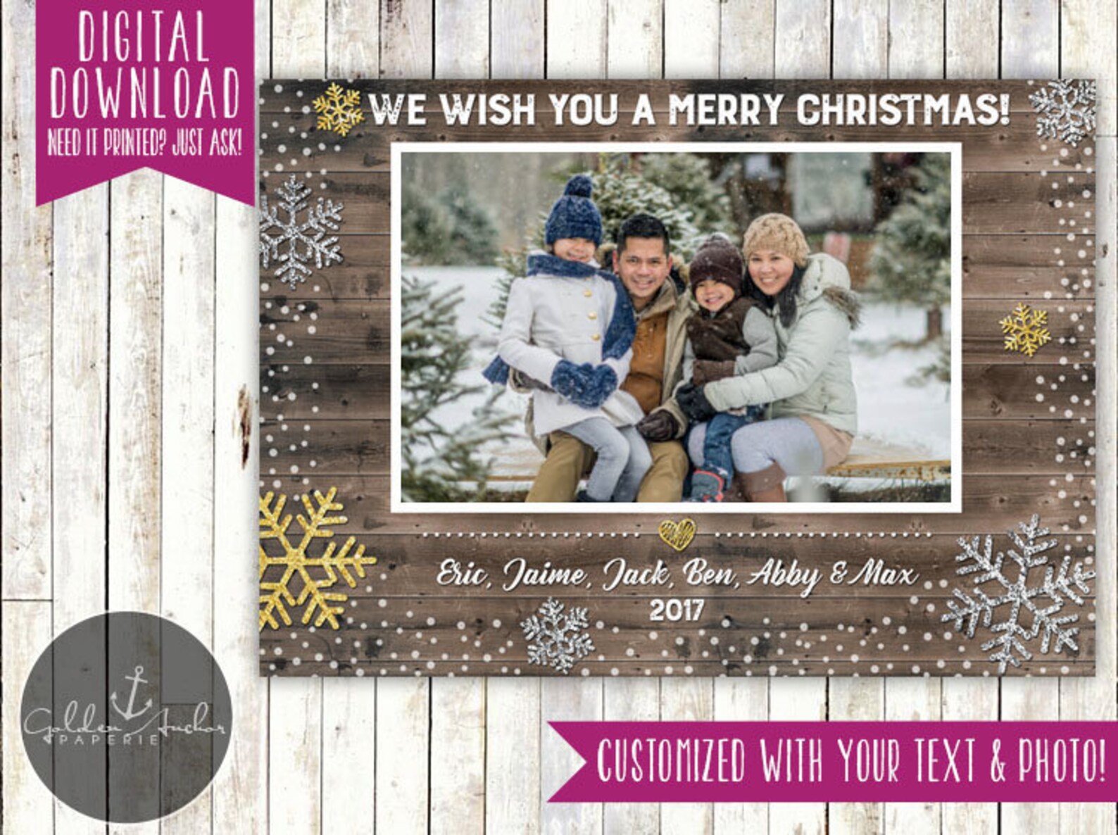 Rustic Glitter Snowflake Christmas Card - Rustic Photo Christmas Card ...