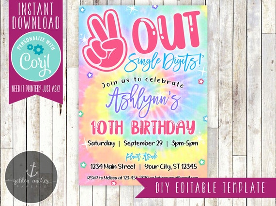Editable 10th Birthday Invitation, Peace Out Single Digits, Double ...