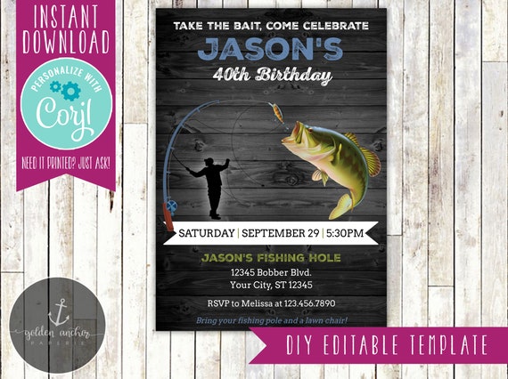 Editable Fishing Birthday Invitation, Adult Birthday Party Invite ...
