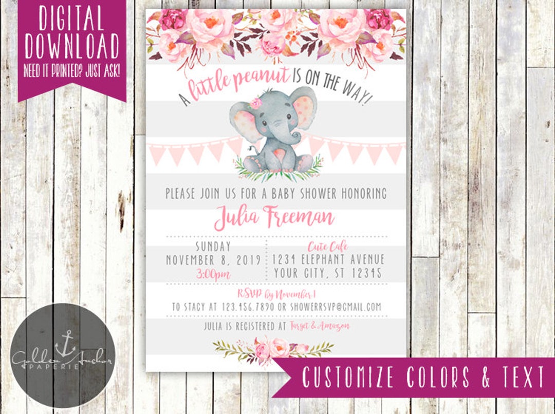 Elephant Baby Shower Invitation, Floral Baby Shower Invite, Little ...