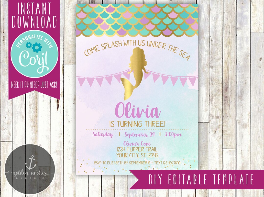 Editable Mermaid Birthday Invitation, Mermaid Birthday, Mermaid Party ...