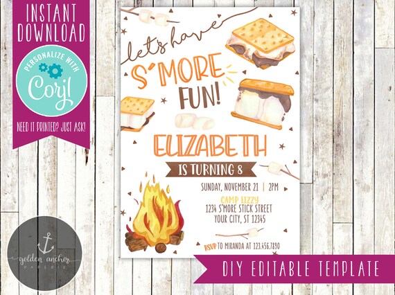 Editable S'More Birthday Invitation, Smores Birthday, Campfire, S'mores ...