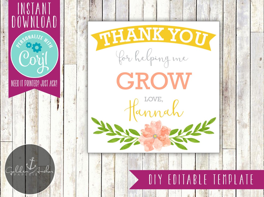 Teacher Gift Tag - Thanks for Helping Me Grow, Teacher Appreciation ...