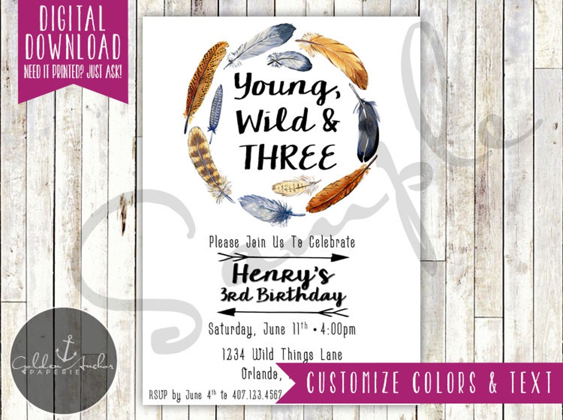 Young Wild & Three Birthday Invitation Printable DIY - Etsy