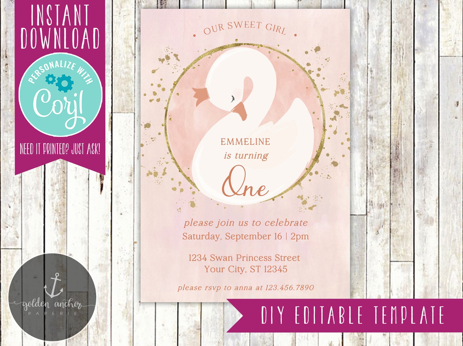 Editable Swan Princess Birthday Invitation, Girls Birthday, Gold ...