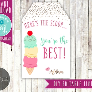 Teacher Gift Tag - Ice Cream Gift Tag, You're the BEST!, Teacher ...