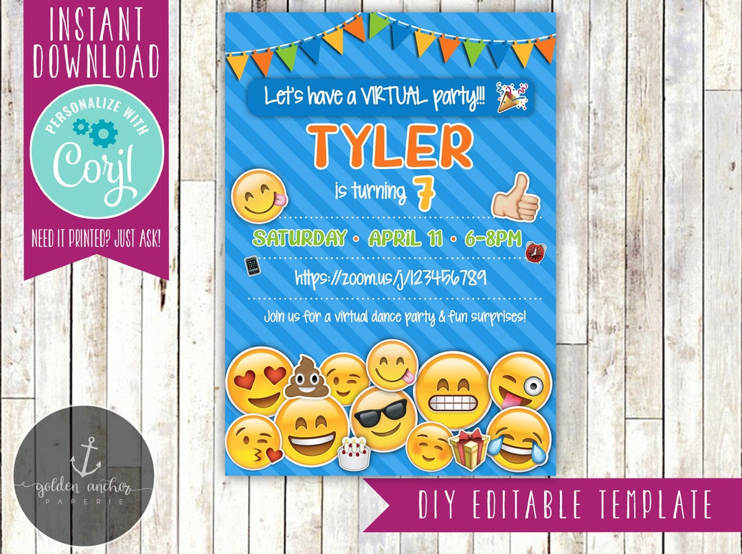 Emoji VIRTUAL Birthday Party Invitation, Emoji Invitation, Virtual ...