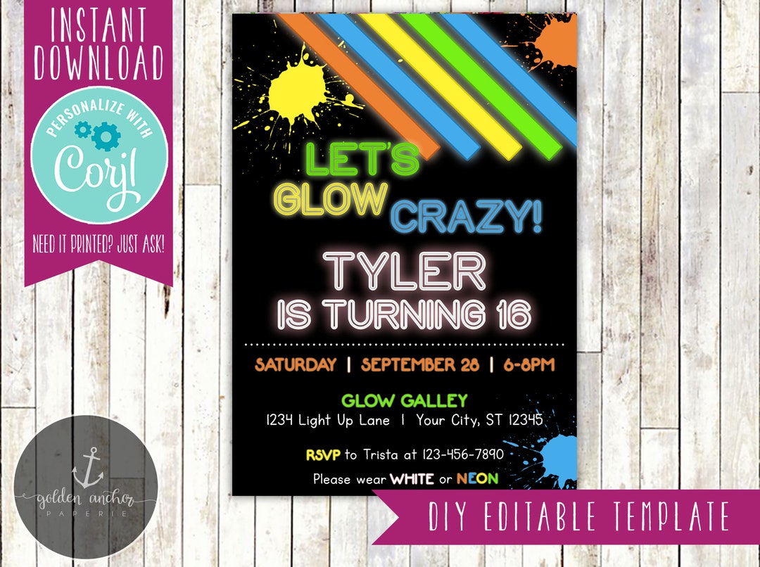 Editable Glow Birthday Invitation, Glow Birthday Party Invite, Glow in ...