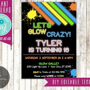 Editable Glow Birthday Invitation, Glow Birthday Party Invite, Glow in ...
