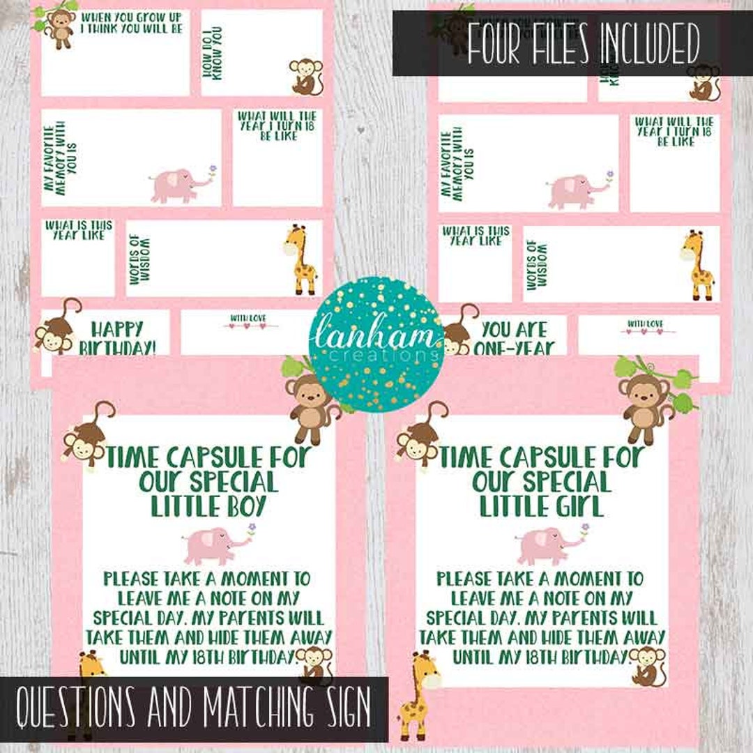 Time Capsule & Message Cards, First Birthday Sign, Jungle Birthday ...