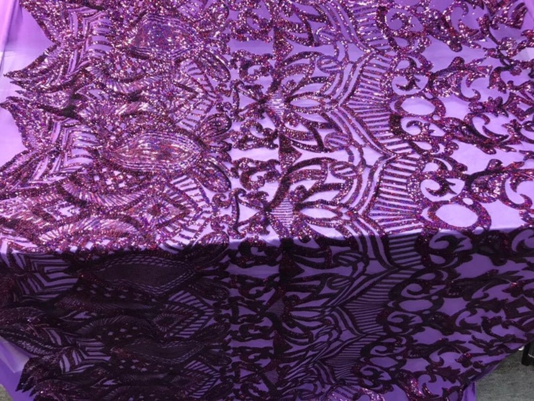 Purple Geometric Pearl Sequins on Purple Power Mesh Fabric Iridescent ...