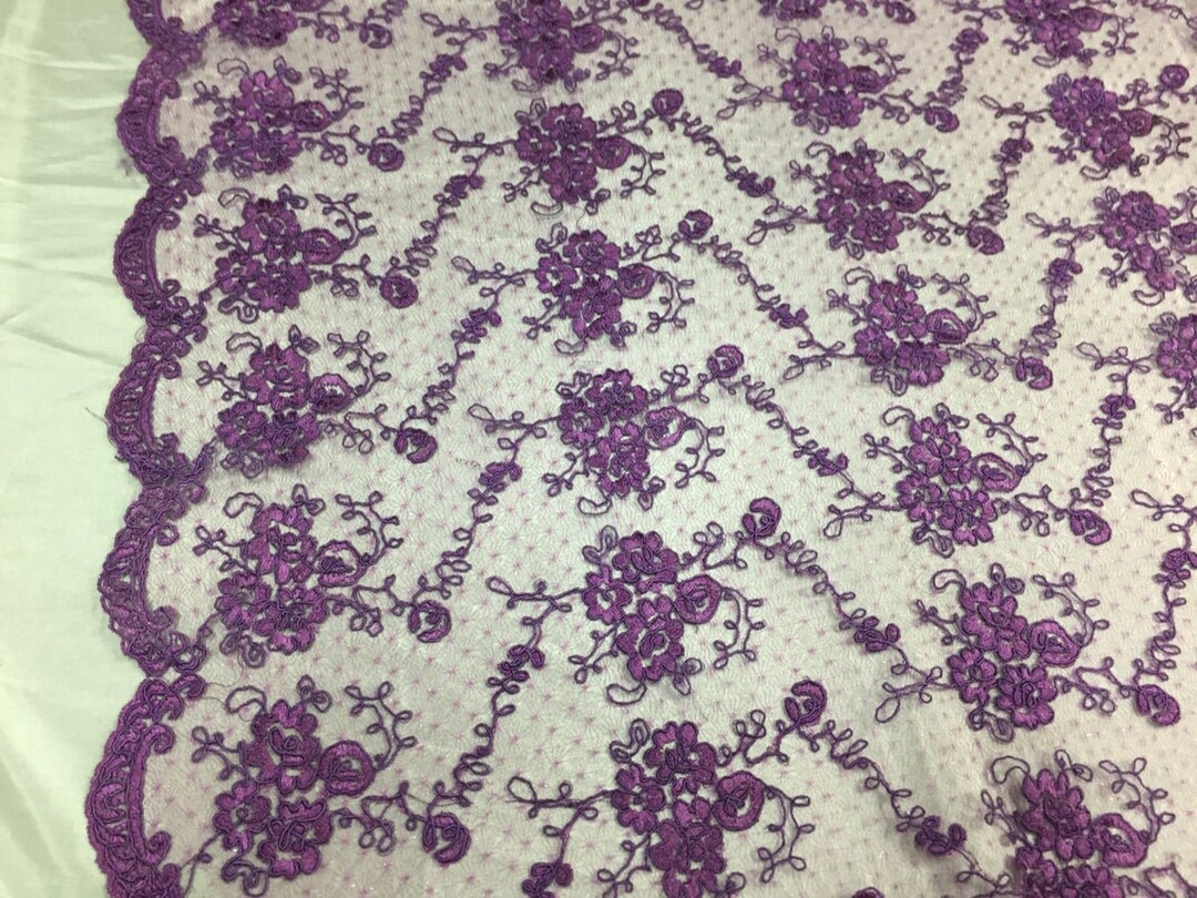 Purple Floral Embroidery on a Crisscross Mesh Lace - Sold by the Yard ...