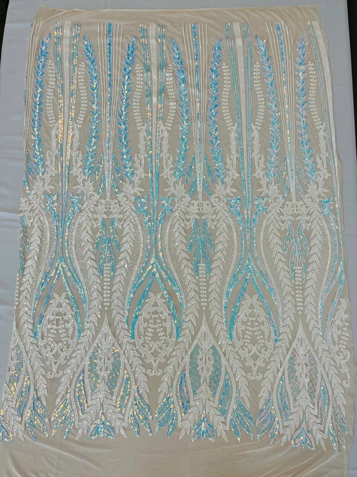 Two Tone Design on 4 Way Stretch Mesh-prom-sold by Yard Iridescent Aqua ...