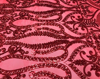 Victorian SWEETHEART Damask 4-way Stretch Mesh Lace RED Tiny Sequin ...