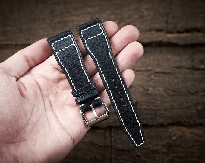 Pilot Watch Strap for IWC, Aviation Watch. Black Veg Tan Leather Band ...