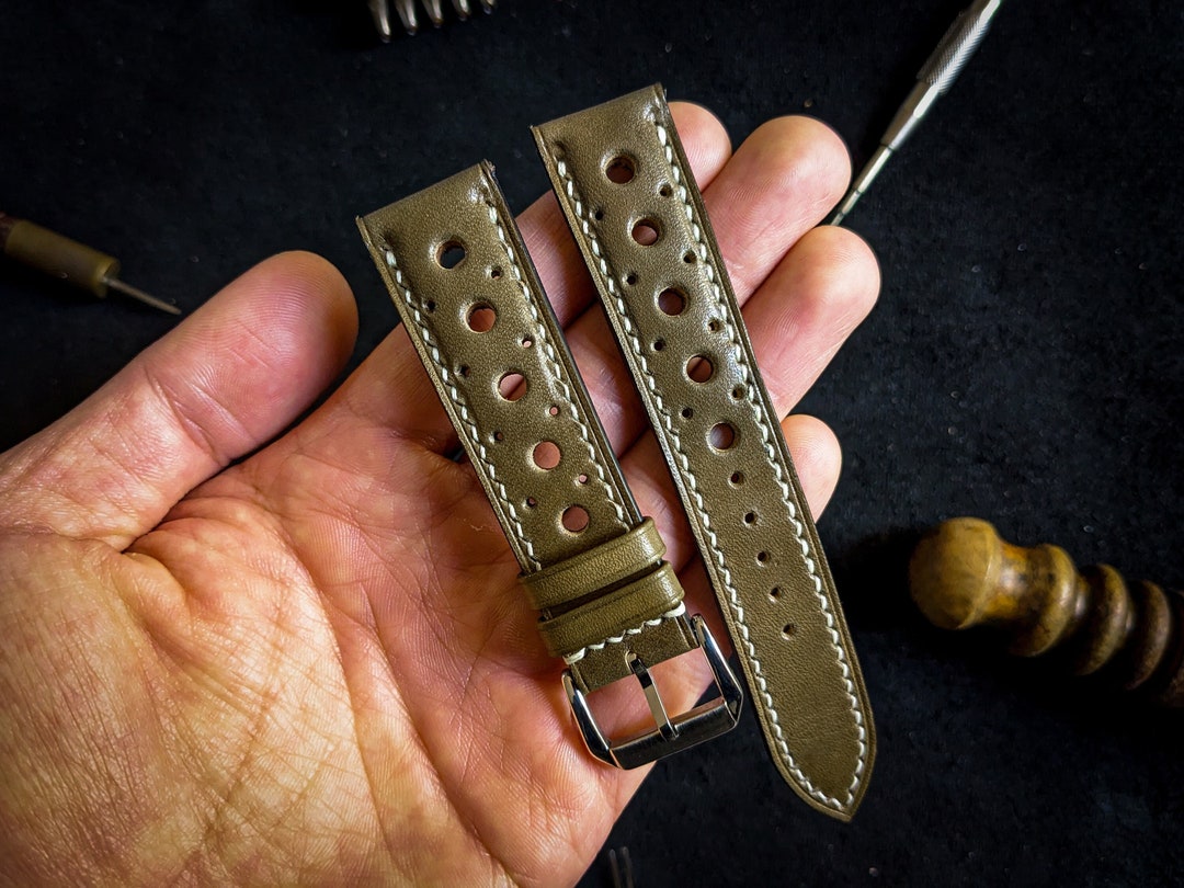 Olive Green Vegetable Tanned Rally Watch Strap 20mm, 22mm, 24mm, 18mm ...