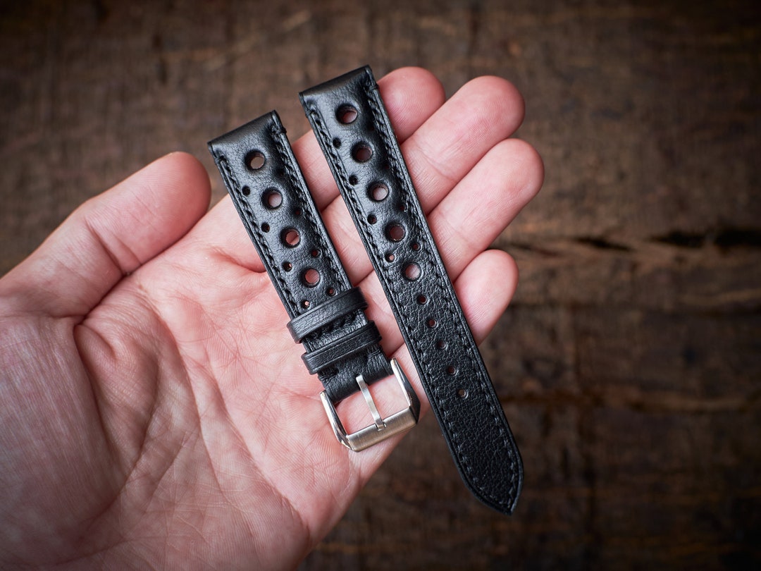Black Vachetta Rally Watch Strap 20mm, 22mm, 24mm, 18mm. Handmade ...