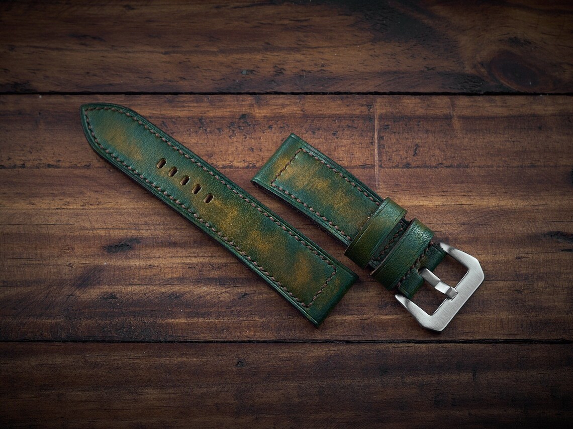 Pam Style Strap 24mm, 26mm, 22mm. Hand Dye Green and Yellow Veg Tan ...