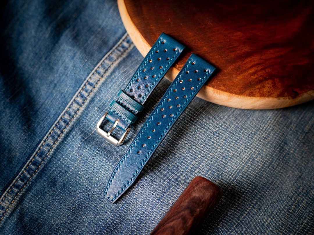 Blue Vegetable Tanned Rally Watch Strap 20mm, 22mm, 24mm, 18mm. Hand ...
