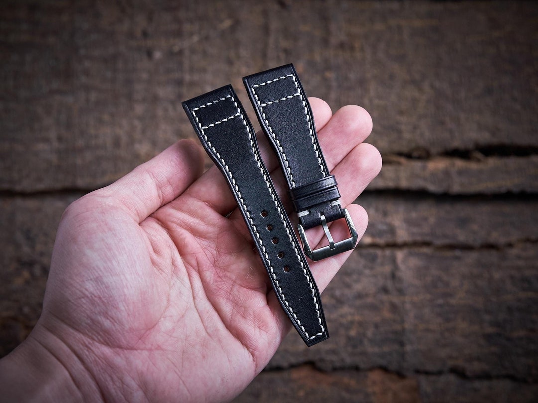 Pilot Watch Strap for IWC, Aviation Watch. Black Veg Tan Leather Band ...