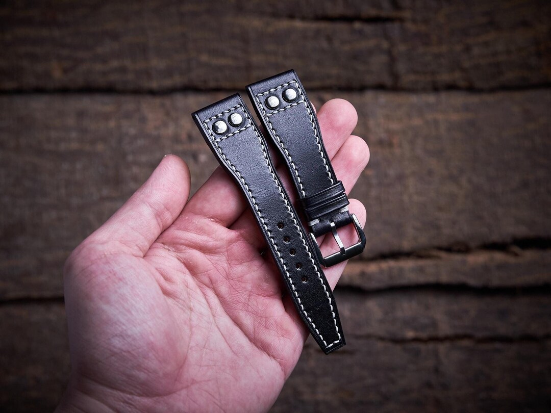Rivet Pilot Strap for IWC, Aviation Watch. Black Veg Tan Leather Band ...