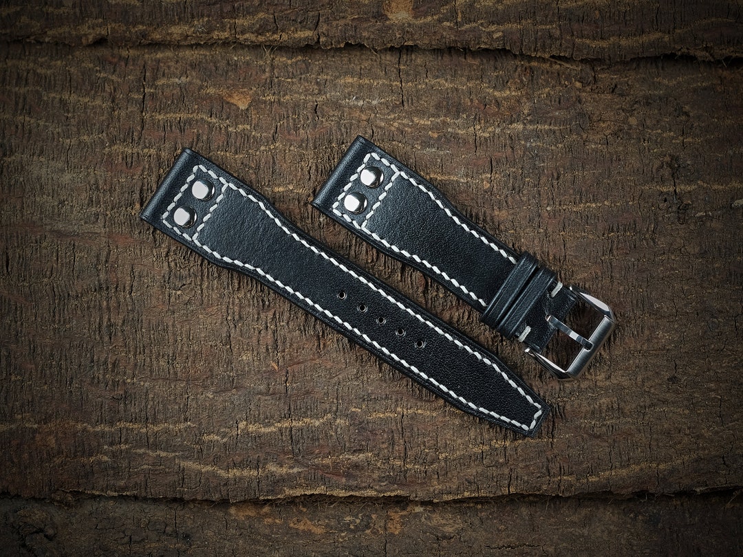 Rivet Pilot Strap for IWC, Aviation Watch. Black Veg Tan Leather Band ...