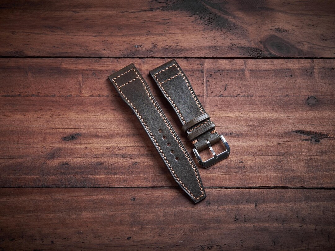 Pilot Watch Strap for IWC, Aviation Watch. Olive Green Veg Tan Leather ...