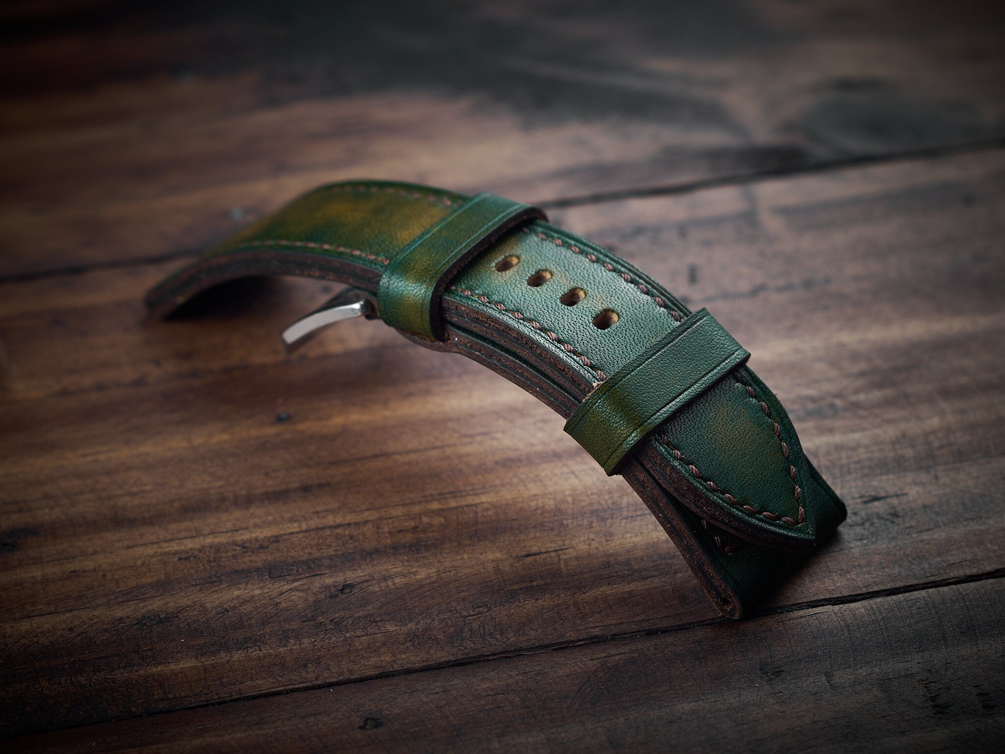 Pam Style Strap 24mm, 26mm, 22mm. Hand Dye Green and Yellow Veg Tan ...