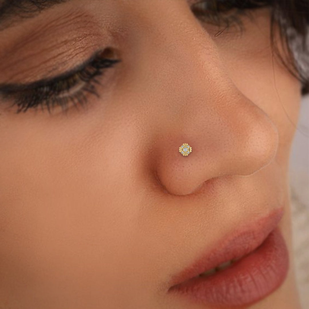 14k Yellow Gold Diamond Nose Pin, Nose Pin, Diamond Stud Nose Pin, Nose ...