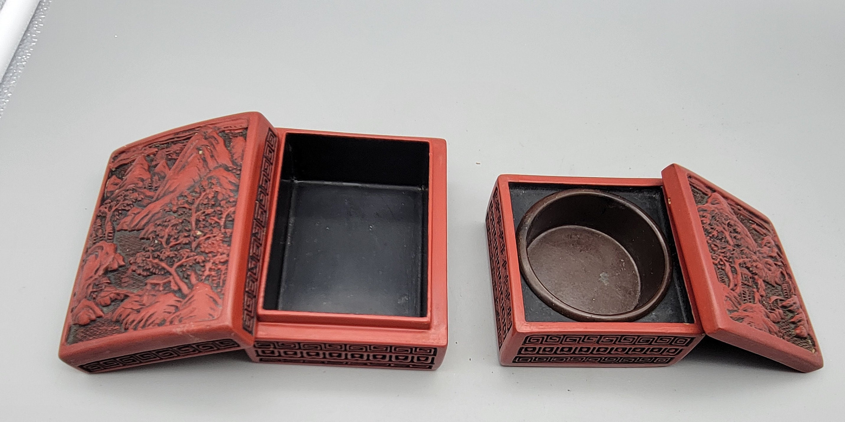 Two Antique Japanese Lacquerware Cinnabar Suzuribako Calligraphy Lidded ...
