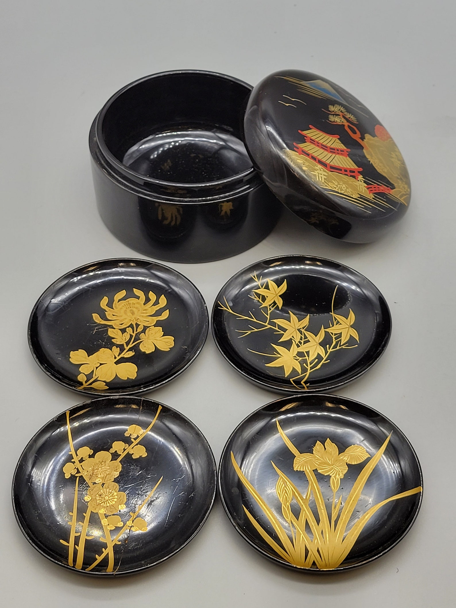 Japanese Lacquer Wood Box With 4 Tea Plate Set Marked - Etsy