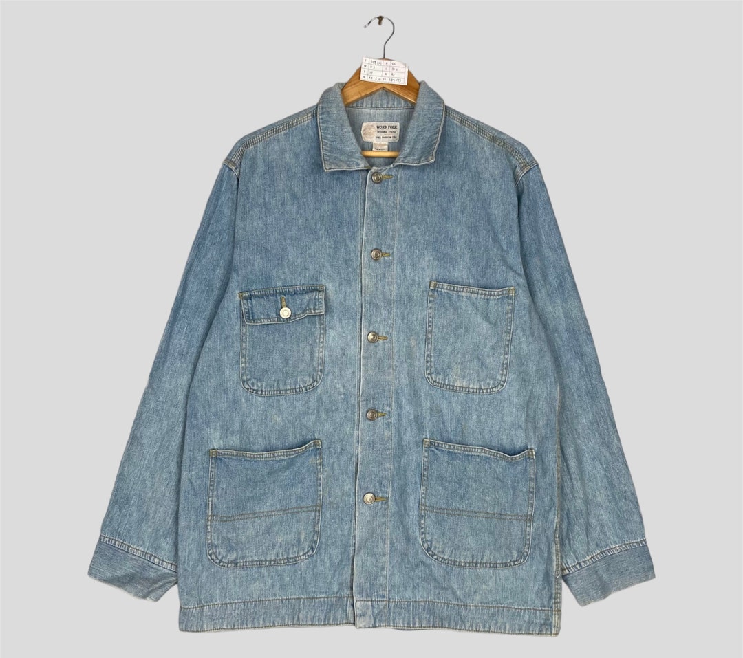Vintage WORK FOLK Light Blue Denim Chore Jacket Button 90s Work Folk ...