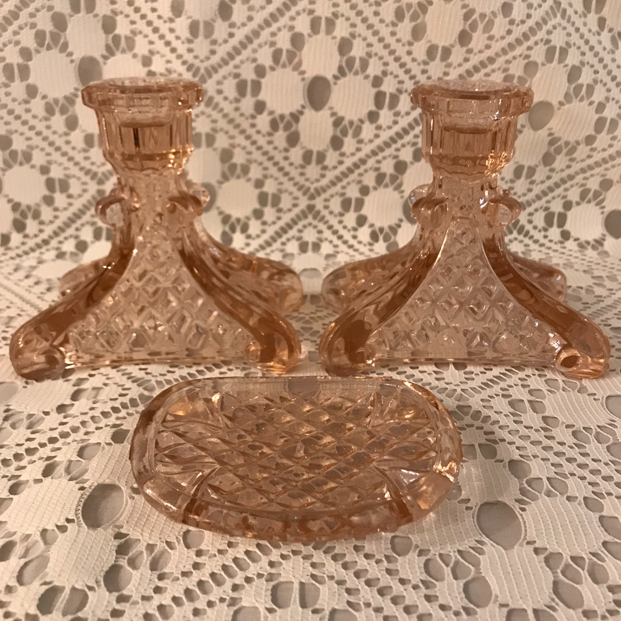 Vintage Pink Glass Dressing Table Set / Boudoir Set / Pink Glass ...