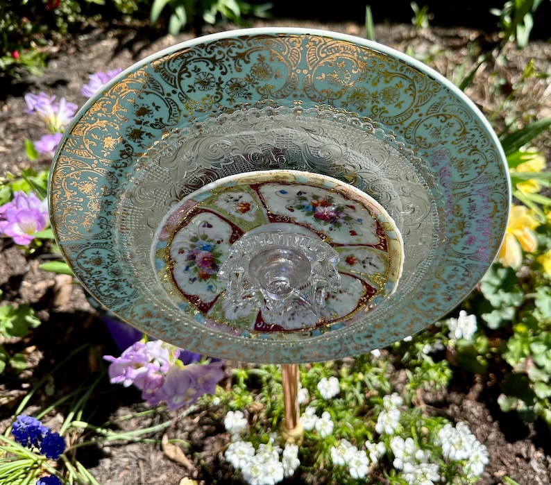 Handmade Victorian Floral Dish Garden Stake: Gilded Porcelain & Crystal ...