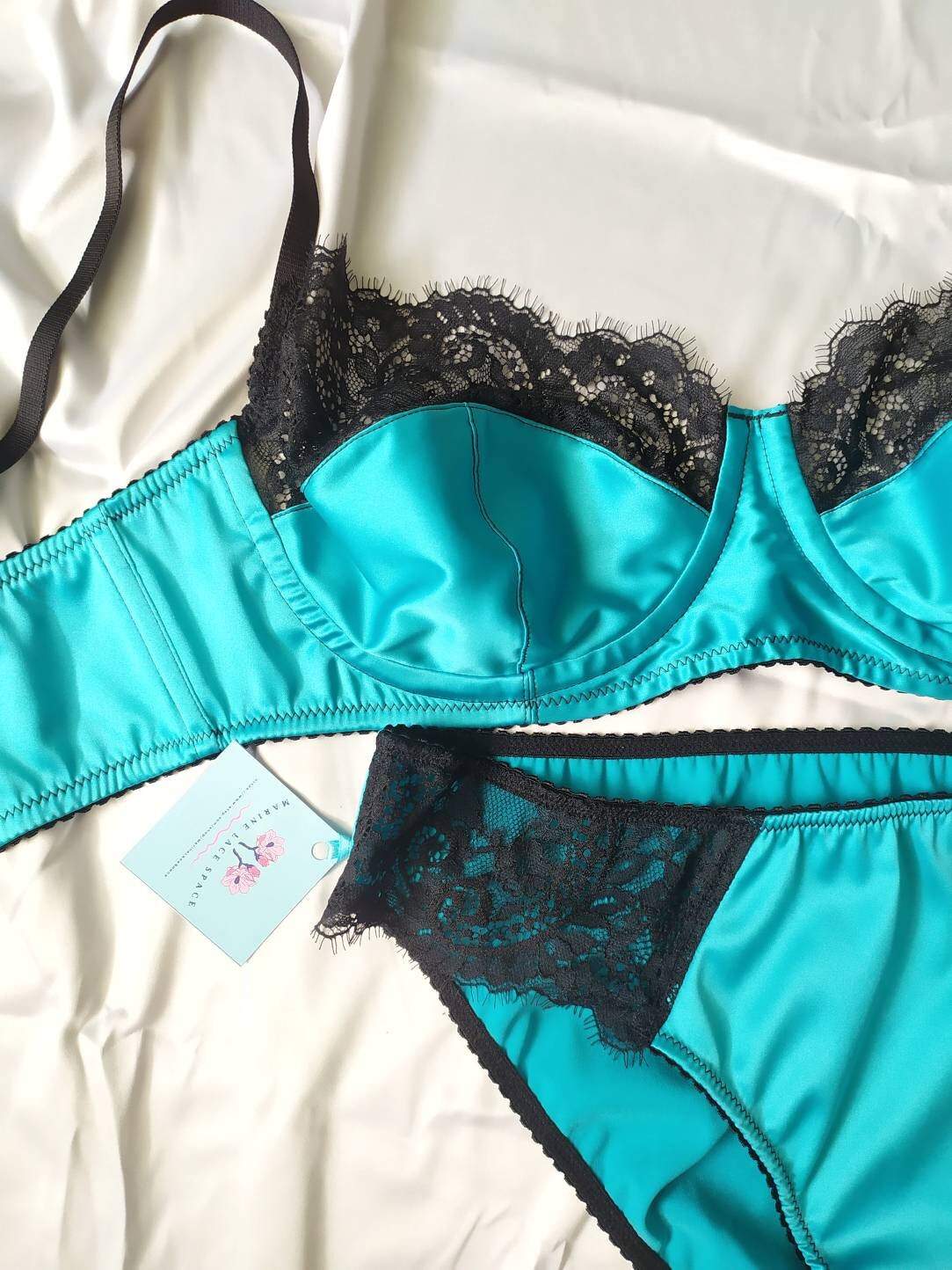 Turquoise Satin Lingerie Set Sexy Lace Bra Erotic Silky Etsy