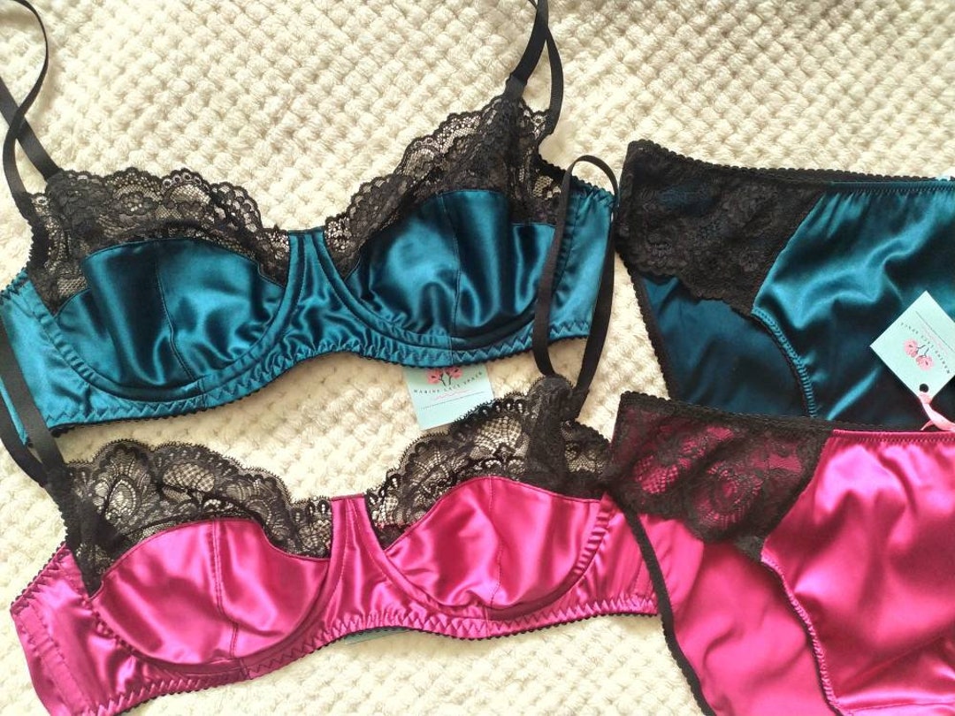 Teal Black Satin Lingerie Set Sexy Lace Bra Erotic Silky Etsy Denmark