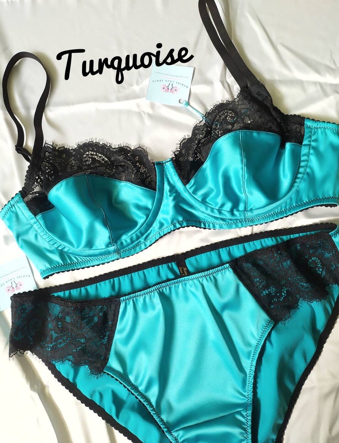 Turquoise Satin Lingerie Set Sexy Lace Bra Erotic Silky Etsy