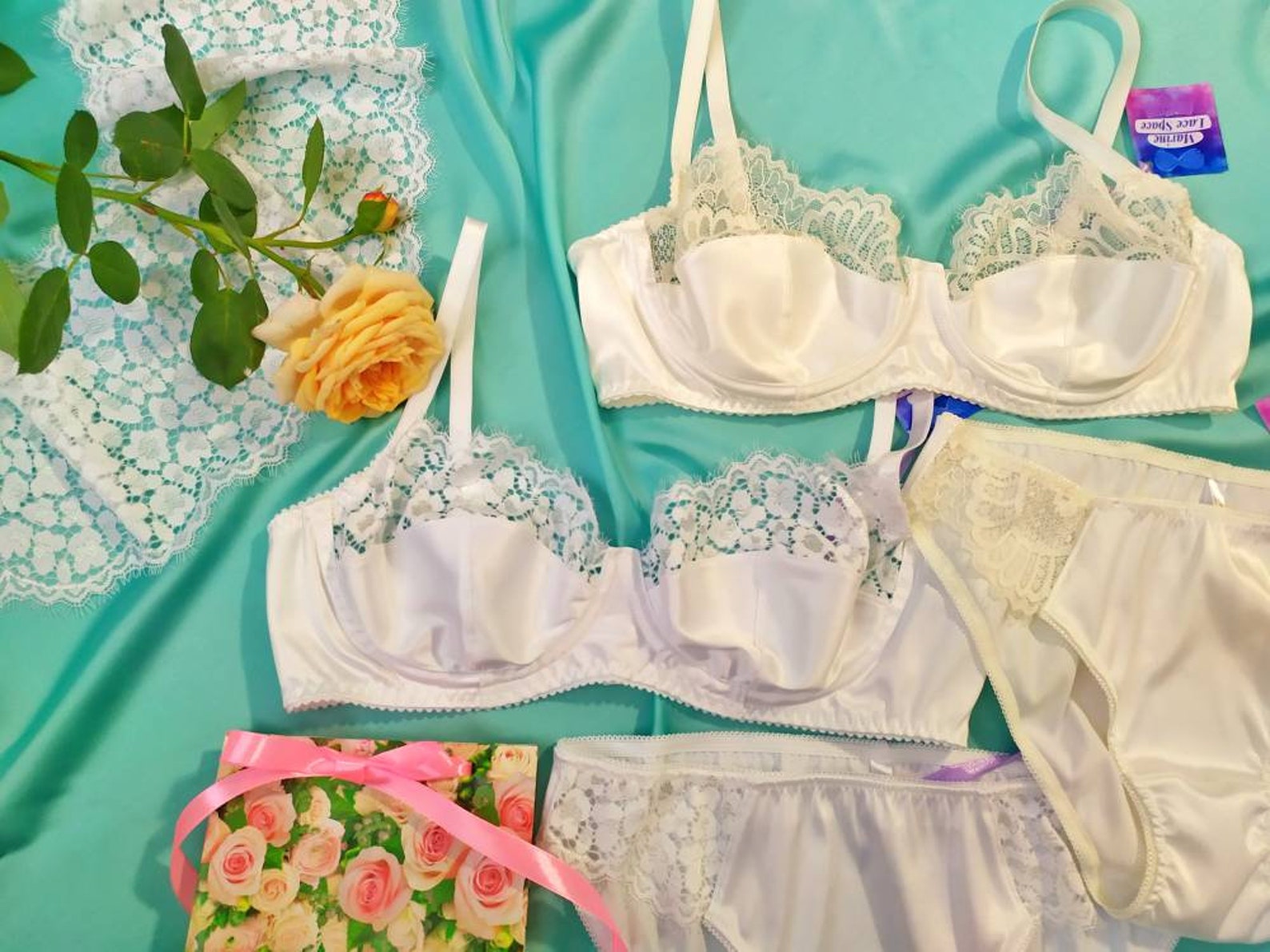 White Satin Lingerie Sexy Lace Bra Balconette Bridal Set | Etsy