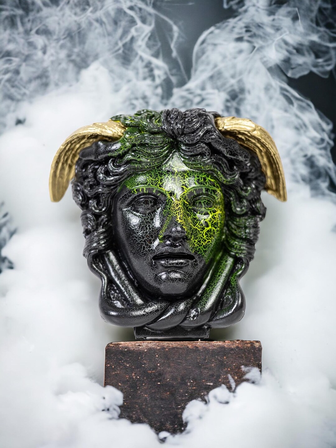 Handcrafted Medusa Gorgon Head Wall Sculpture: Green Crackle Finish ...