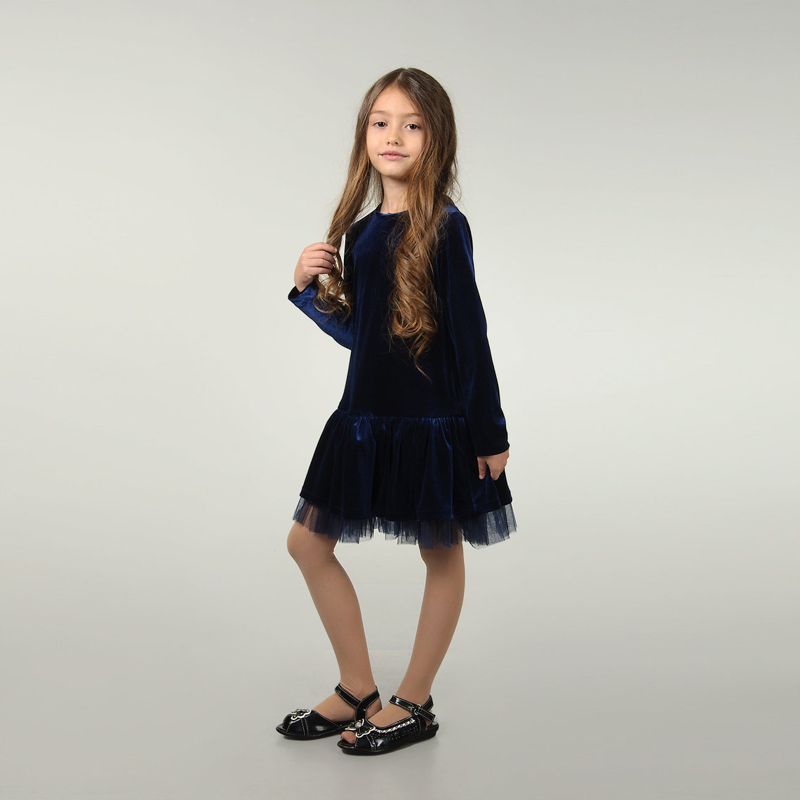 Velvet Dark Blue Ruffle Dress Tulle Girl Birthday - Etsy