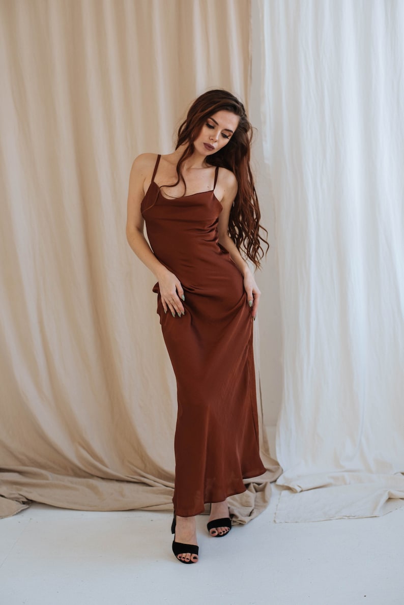 Chocolate Silk Slip Dress, Cowl Neck Silk Slip Dress, Stretch Silk ...