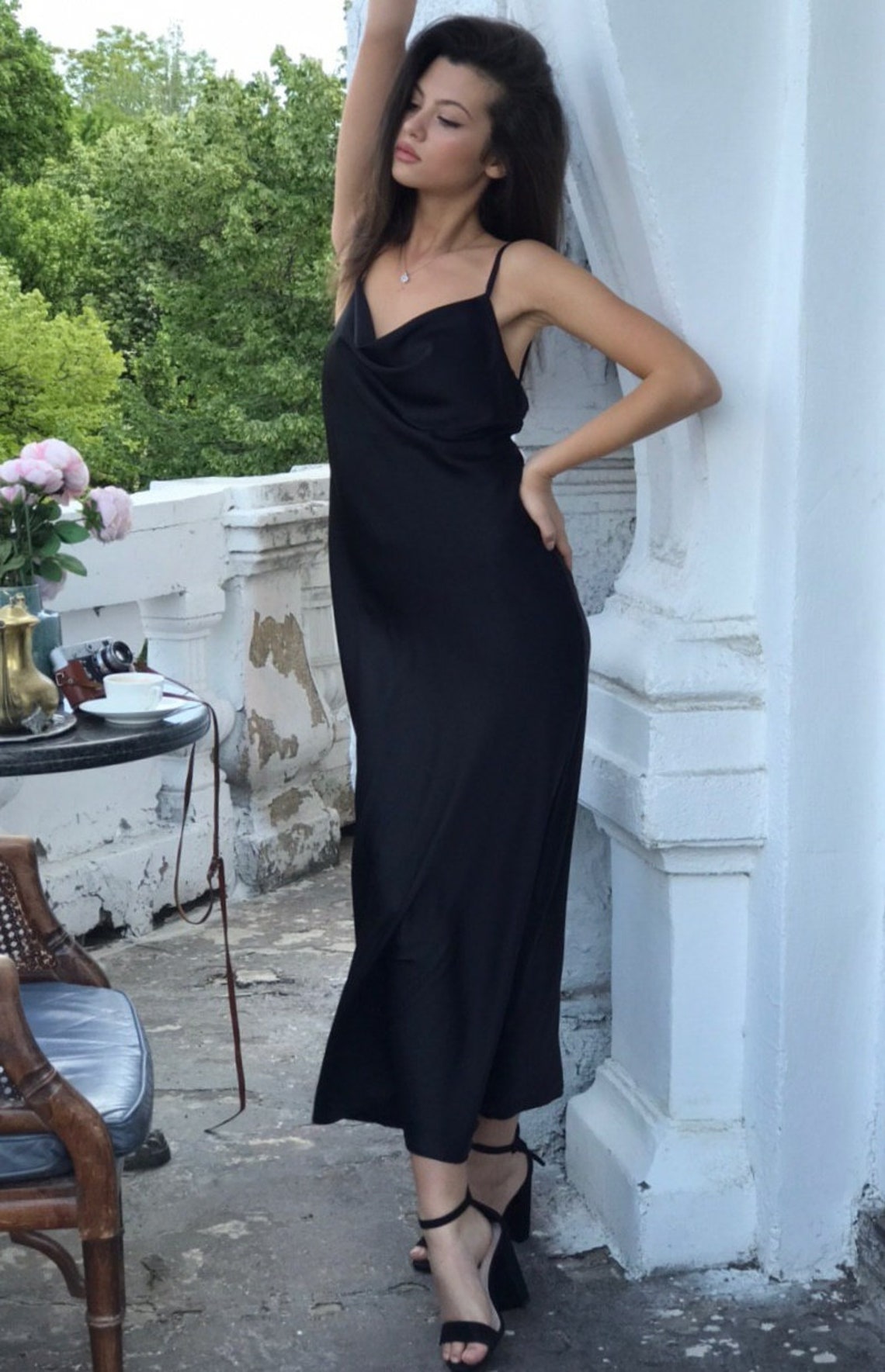 Cowl Neck Silk Slip Dress Midi Bias Black Slip Dress Stretch | Etsy
