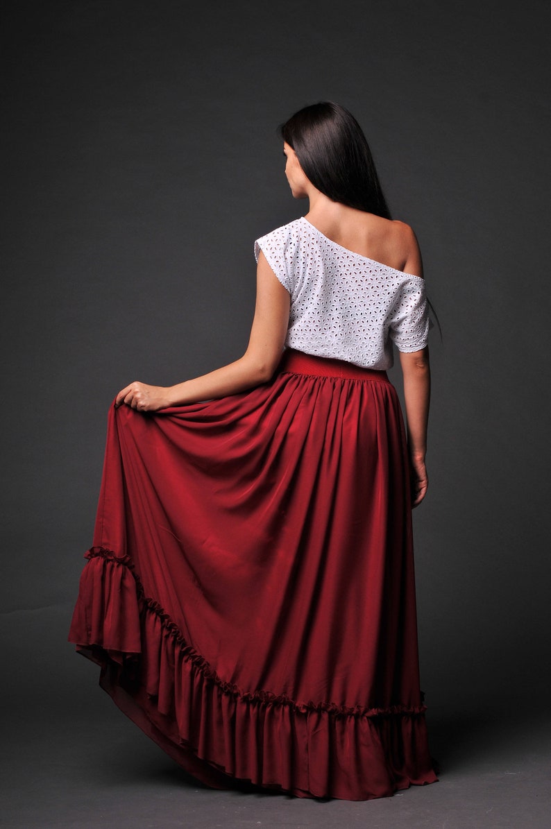 Burgundy Maxi Chiffon Skirt, Bridesmaid Skirt, Long Ruffle Skirt, Boho ...