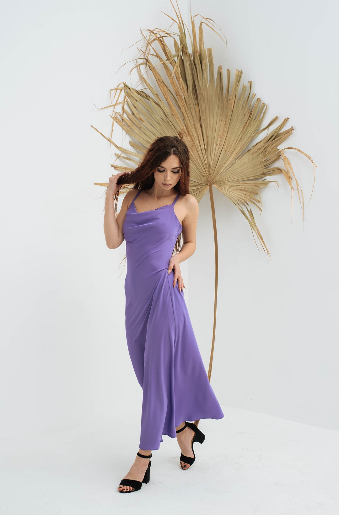Purple Silk Slip Dress, Cowl Neck Silk Slip Dress, Stretch Silk ...