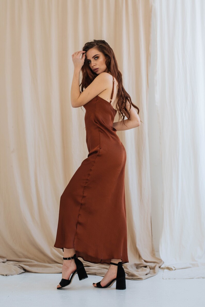 Chocolate Silk Slip Dress, Cowl Neck Silk Slip Dress, Stretch Silk ...