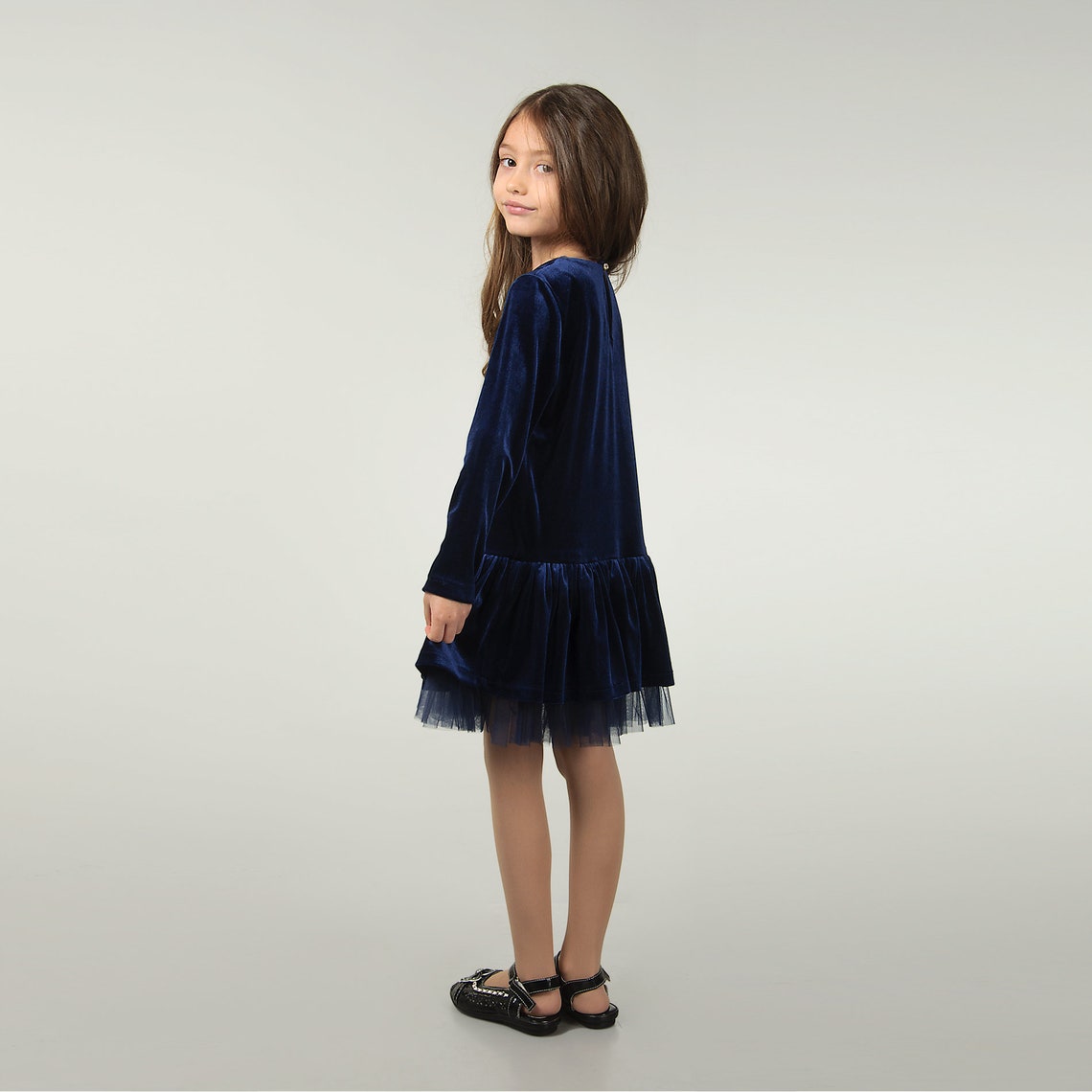 Velvet Dark Blue Ruffle Dress Tulle Girl Birthday - Etsy
