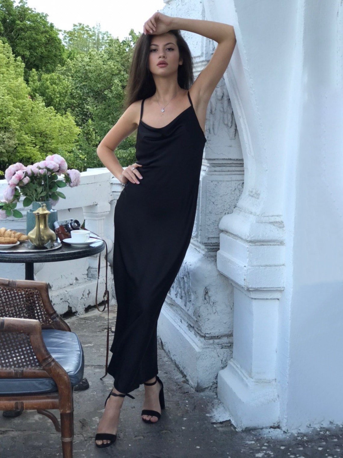 Cowl Neck Silk Slip Dress Midi Bias Black Slip Dress Stretch | Etsy